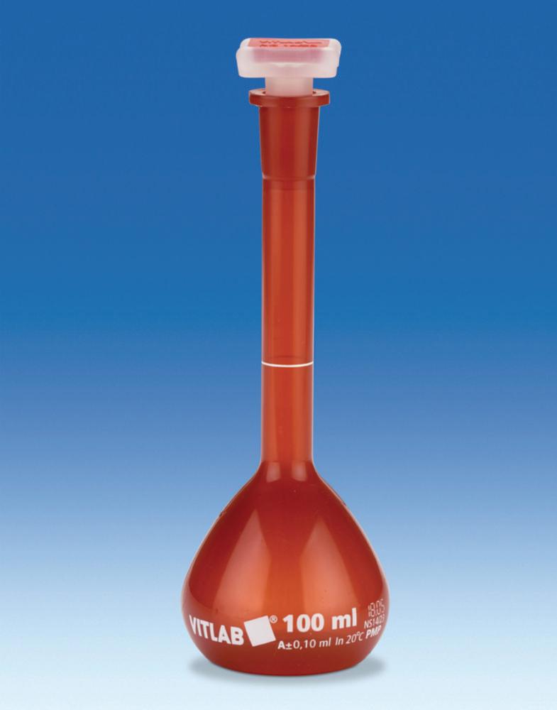 VITLAB Volumetric Flask 250 ml, UV-Protect, PMP Class A with Stopper NS 19/26 and Batch ...